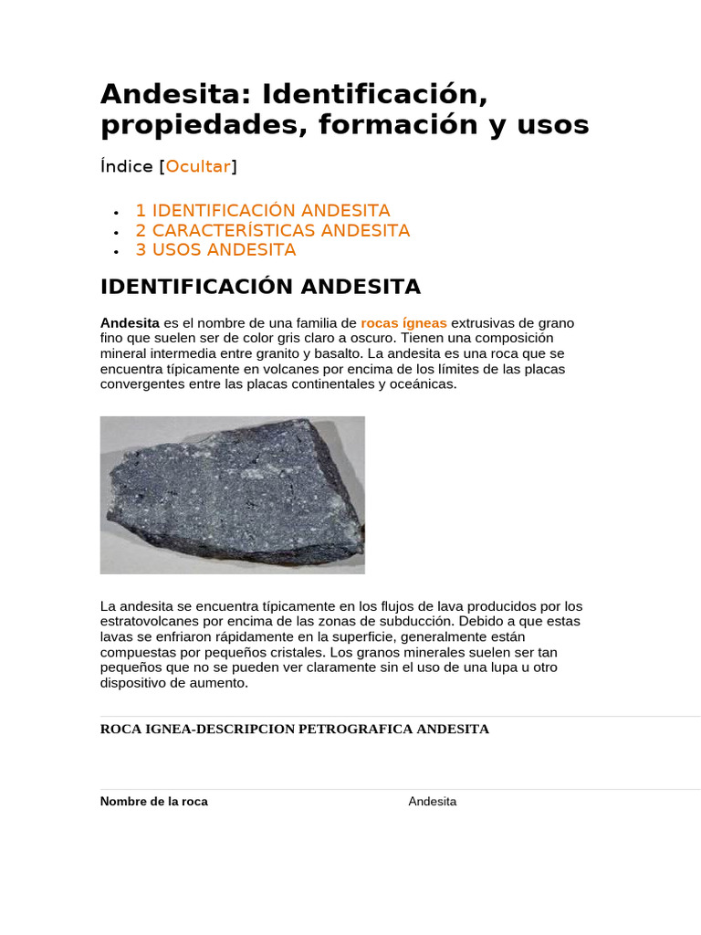 Propiedades y Usos de la Andesita | PDF | Roca ígnea | Basalto