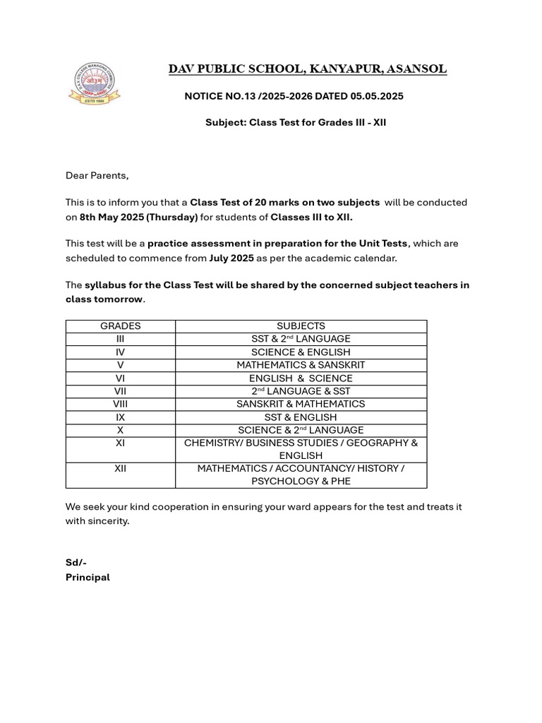 Class Test Notice for Grades III-XII | PDF