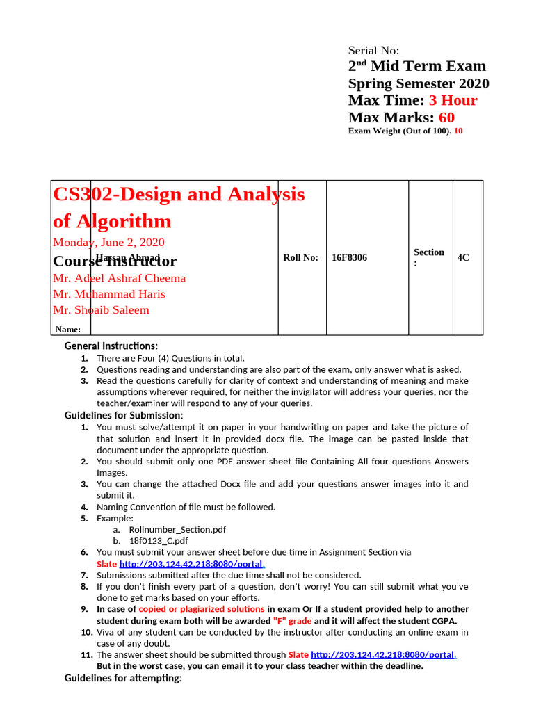Algo Mid 2 Exam Spring 2020 | PDF