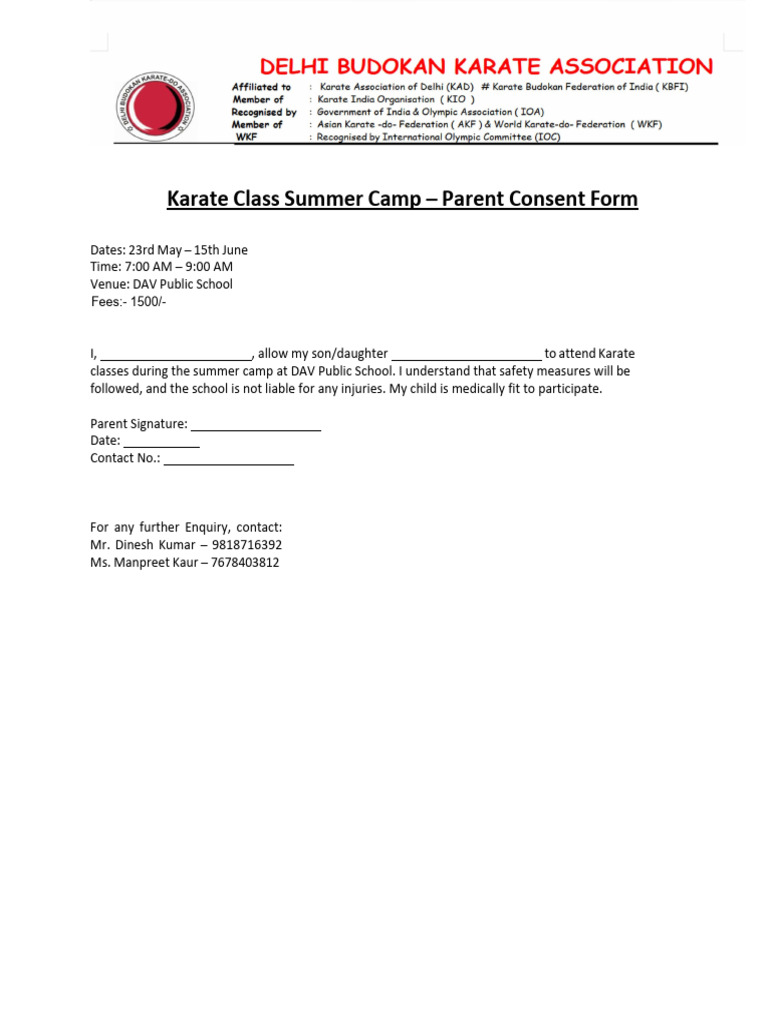 Parent Consent for Karate Summer Camp | PDF