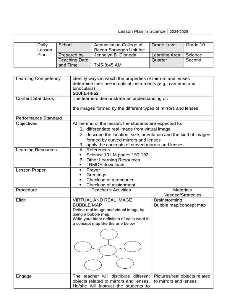 Grade 10 Science Lesson Plan: Mirrors & Lenses | PDF | Glass ...
