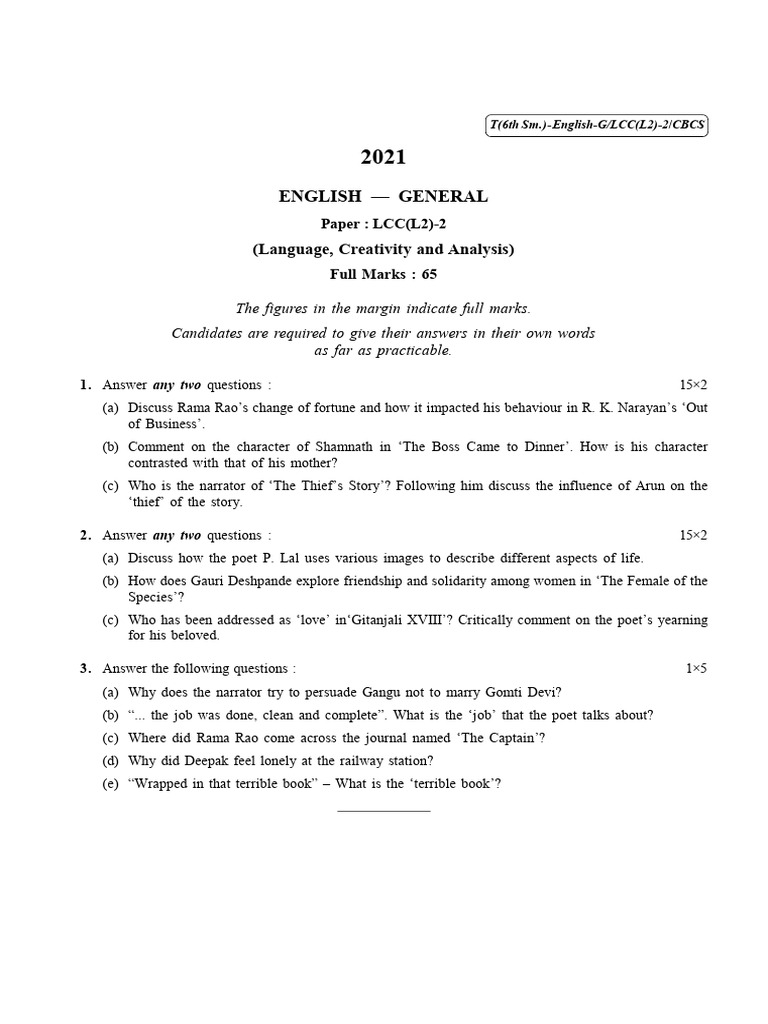 CU-2021 B.A. (General) English Semester-VI Paper-LCC-2 QP | PDF