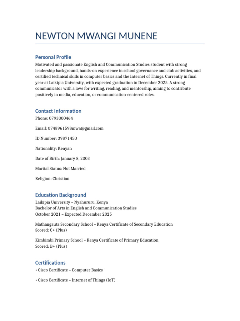 Newton Munene Comprehensive CV | PDF
