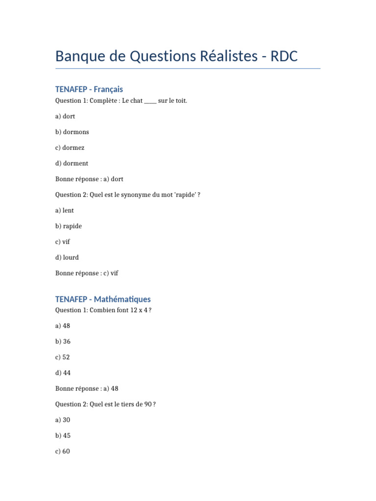 Questionnaire TENAFEP et TENASOSP 2025 | PDF
