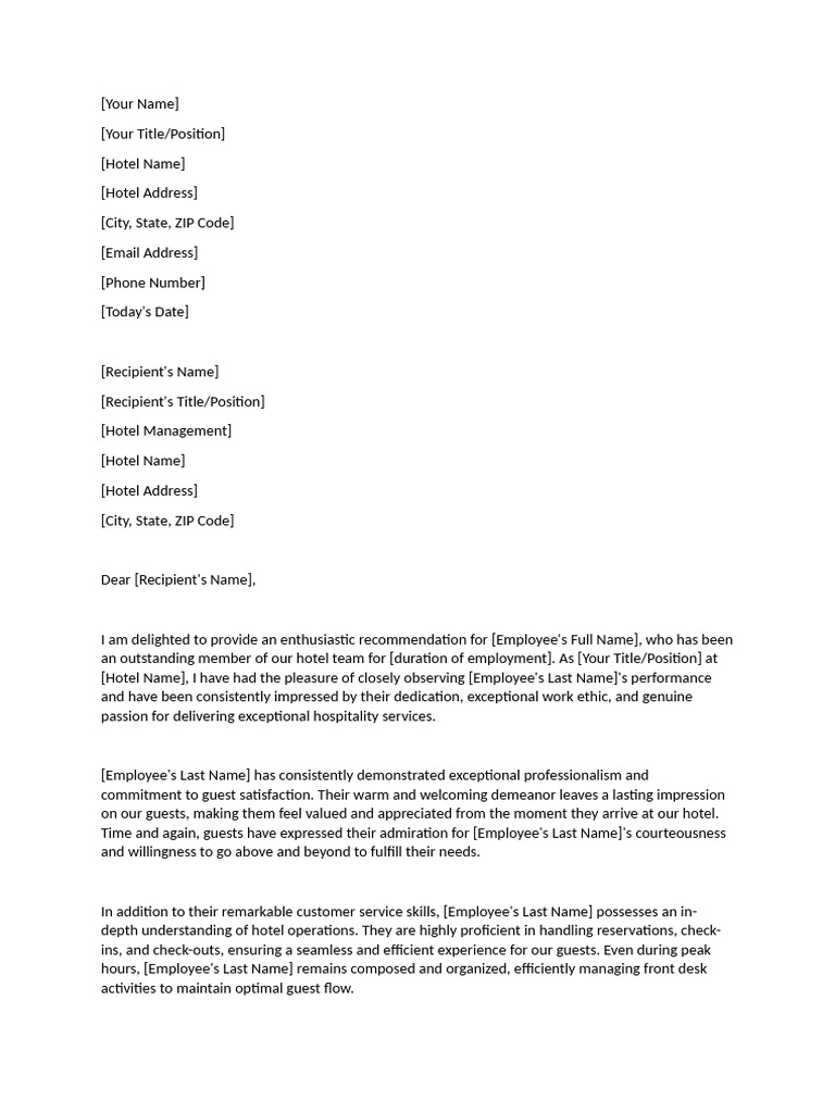 Hotel Recommendation Letter Sample | PDF | Employment | Personal ...