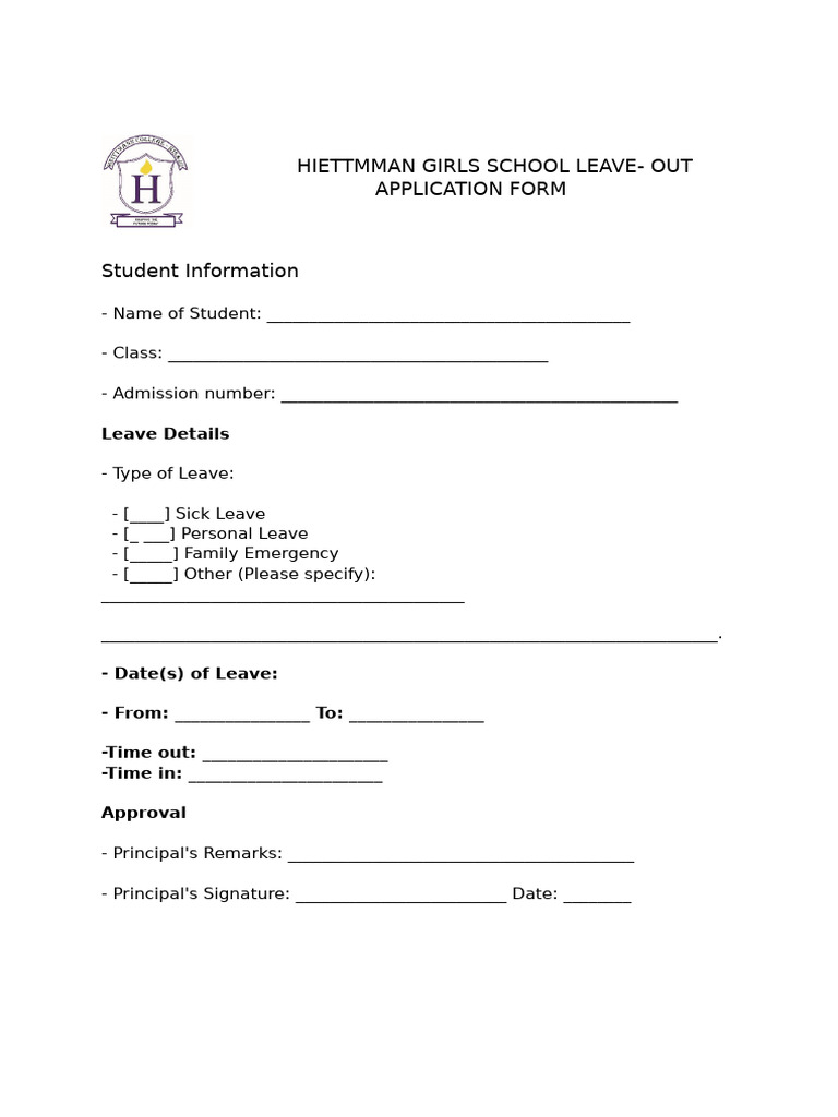 Hiettmman Girls High School Leave Application Form | PDF