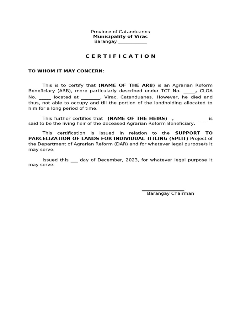 Brgy. Certification No Longer Tilling The Land Empty File Virac | PDF