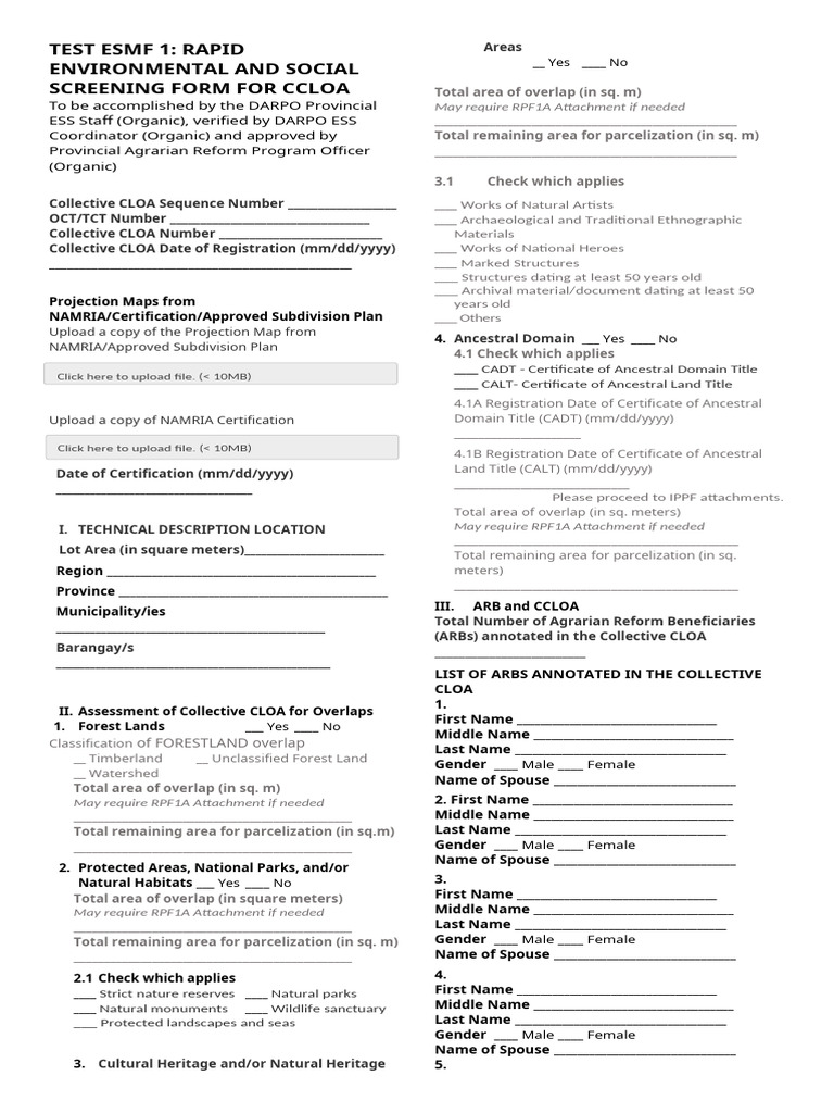 TEST ESMF 1 - Rapid Environmental and Social Screening Form For CCLOA | PDF