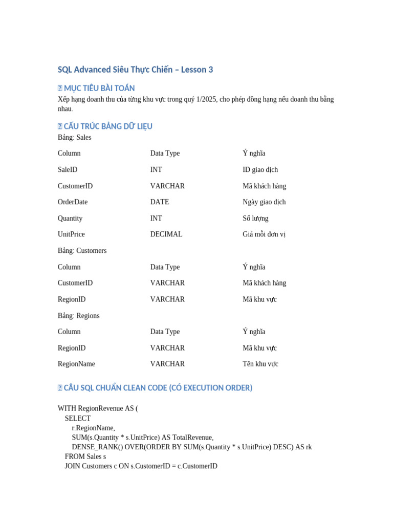 SQL Advanced Lesson 03 DENSE RANK Region | PDF
