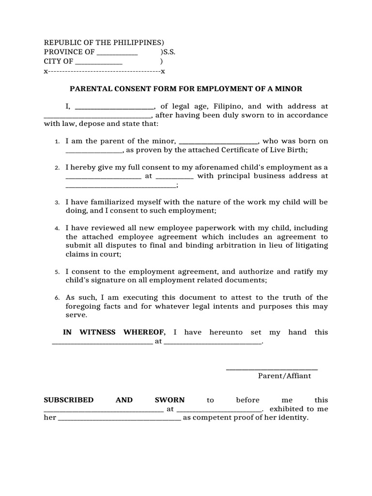 Parental Consent Form for Minor Employment | PDF