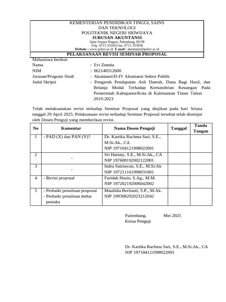 Form Hasil Revisi Sempro (EVI) | PDF