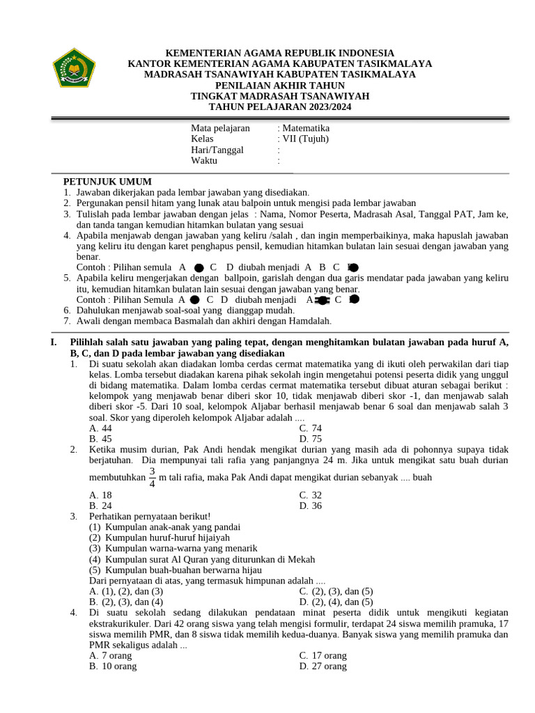 10 SOAL PAT MTK KELAS 7 2023-2024.rtf | PDF
