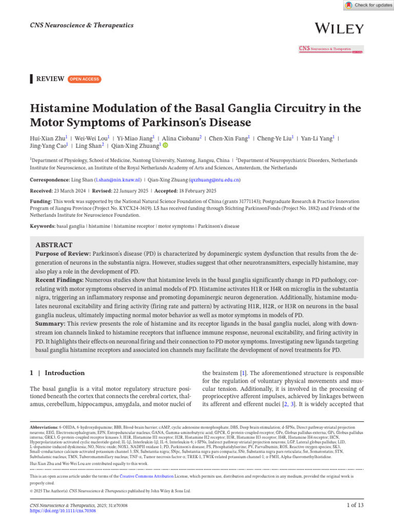 CNS Neuroscience Therapeutics - 2025 - Zhu - Histamine Modulation of The Basal Ganglia Circuitry ...
