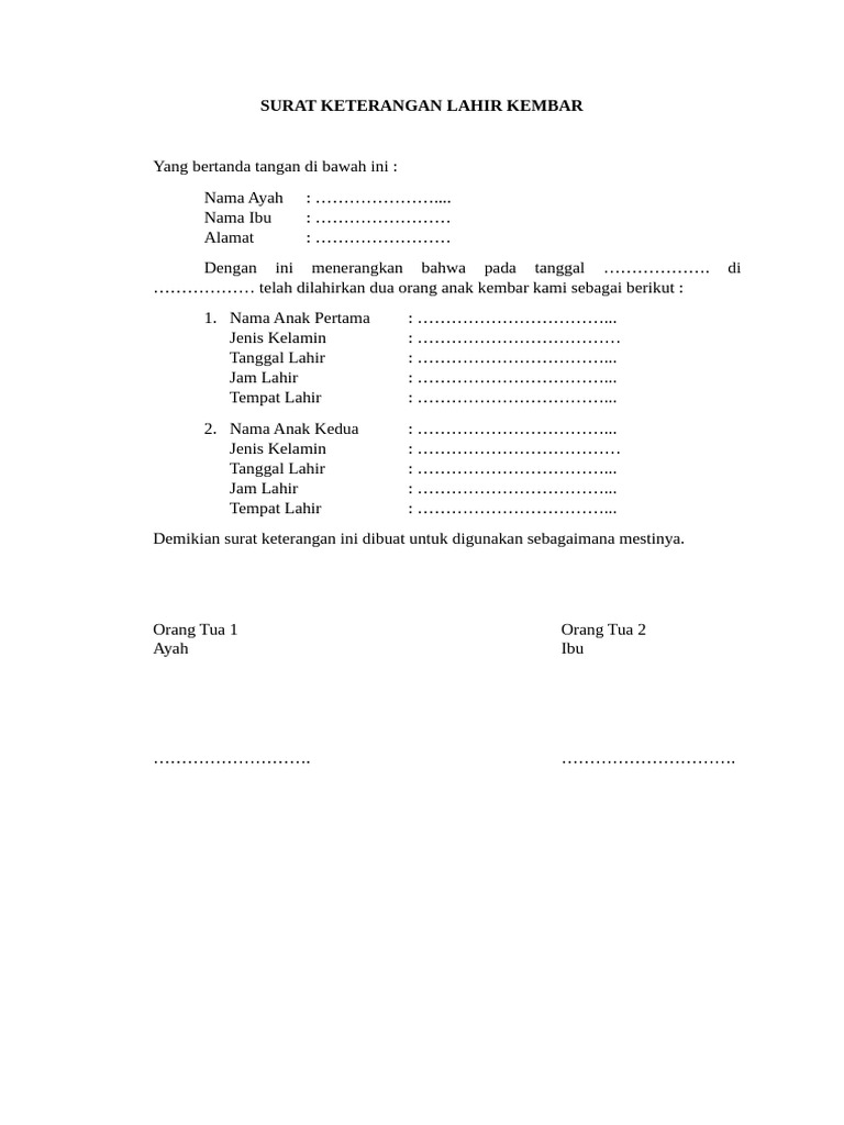 Surat Keterangan Lahir Kembar | PDF