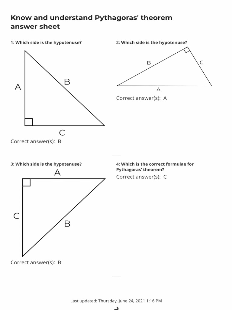 Know and Understand Pythagoras Theorem 70vp4t Exit Quiz Answers | PDF