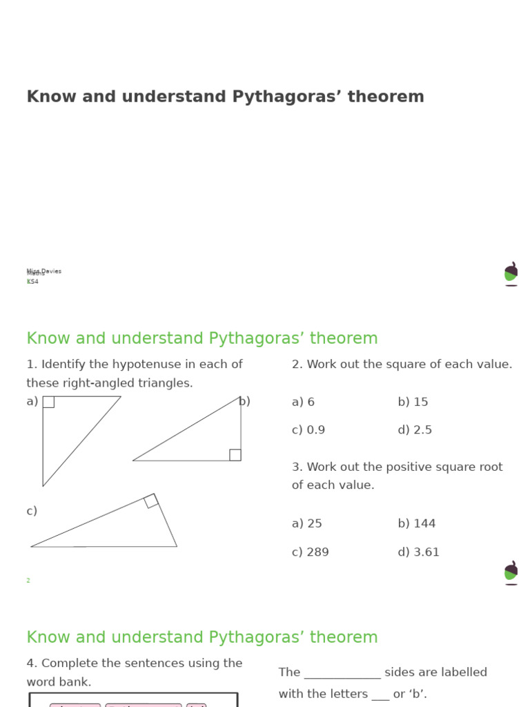 Know and Understand Pythagoras Theorem 70vp4t Worksheet Pptx | PDF ...