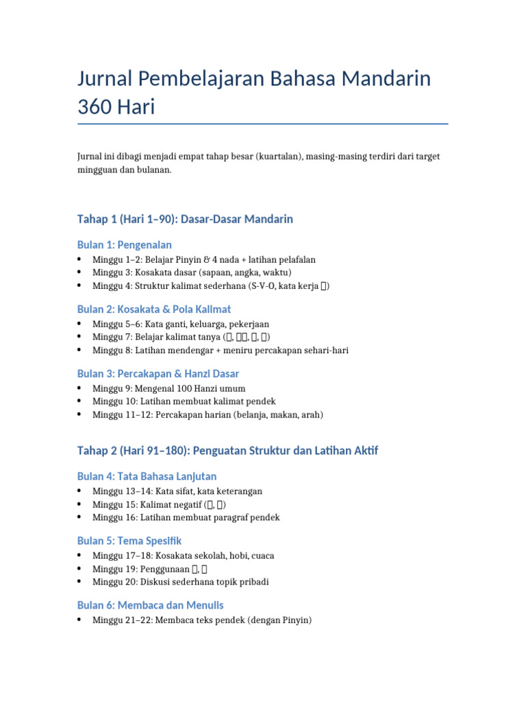 Jurnal Pembelajaran Bahasa Mandarin 360 Hari | PDF