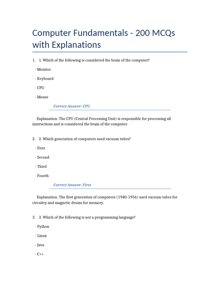 Computer Fundamentals MCQ 200 | PDF | Read Only Memory | Random Access Memory