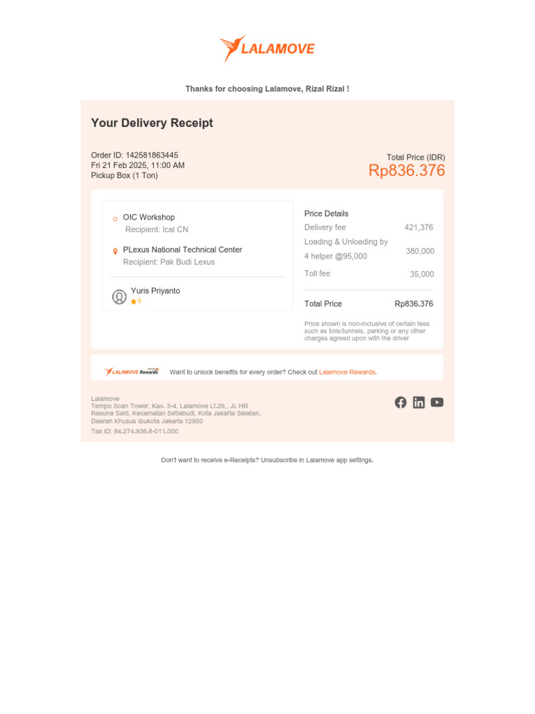 Lalamove Delivery Receipt Details | PDF