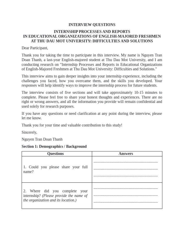 INTERVIEW Questions For Thesis Paper | PDF | Internship | Job Hunting