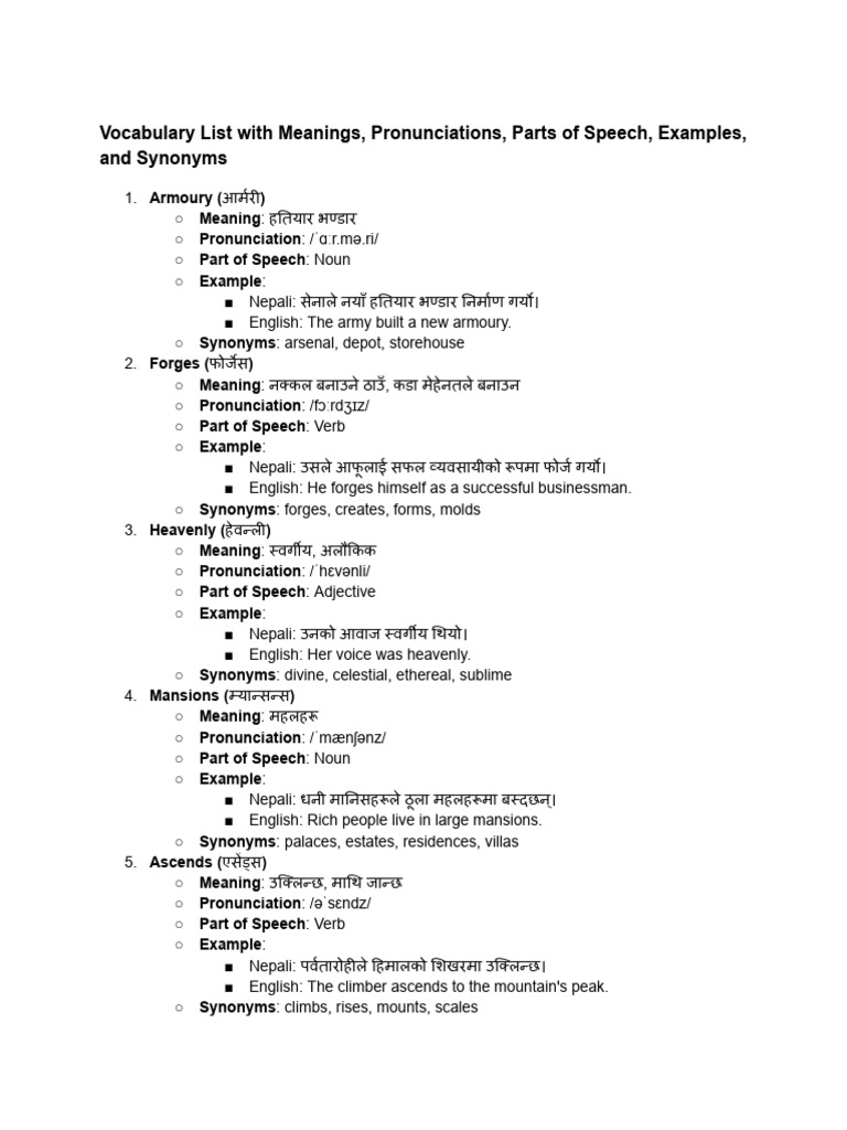 Vocabulary List with Meanings & Synonyms | PDF | Part Of Speech ...
