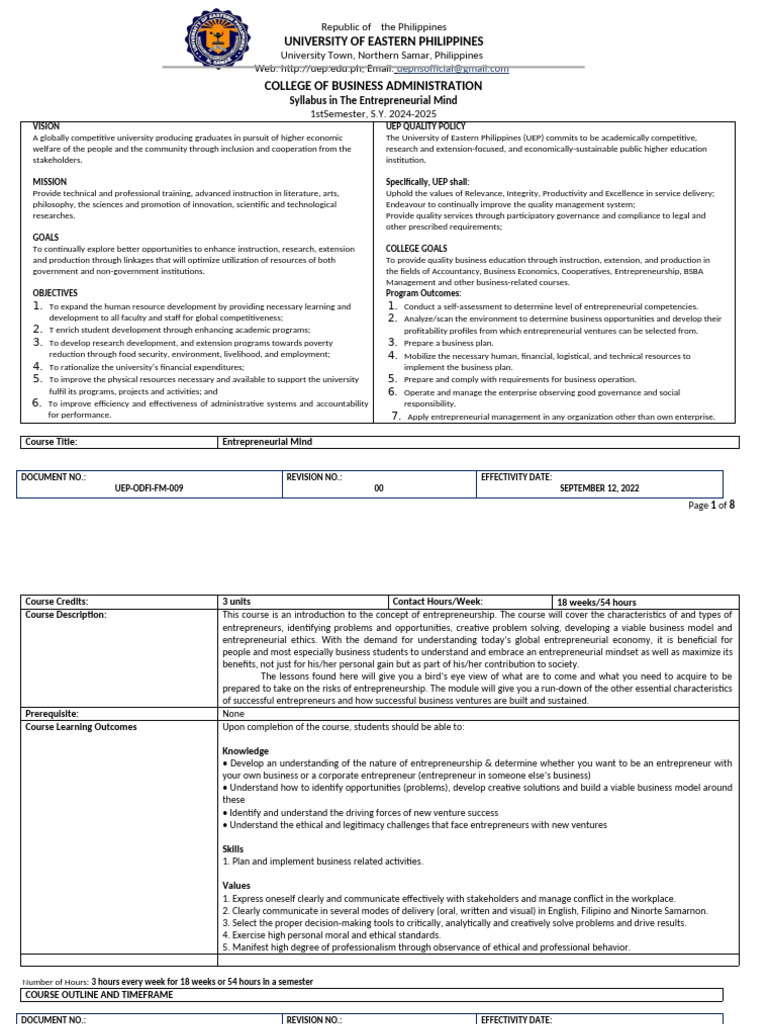 Course Syllabus Entrep Mind | PDF | Entrepreneurship | Business