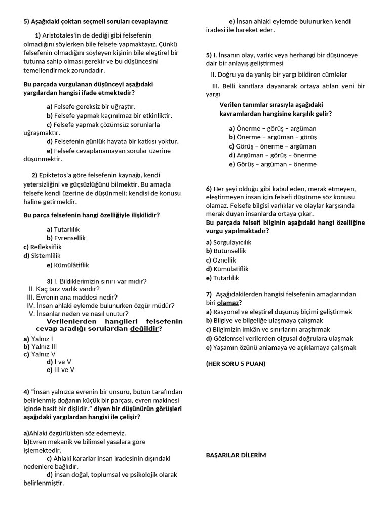 1 - Arka 10. Sinif Felsefe 1. Dönem 1. Sinav | PDF