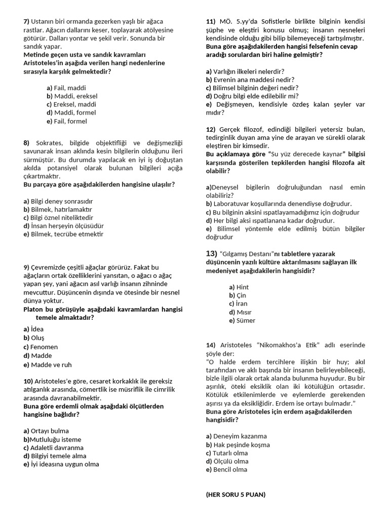2 - Arka 11. Sinif Felsefe 1. Dönem 1. Sinav | PDF