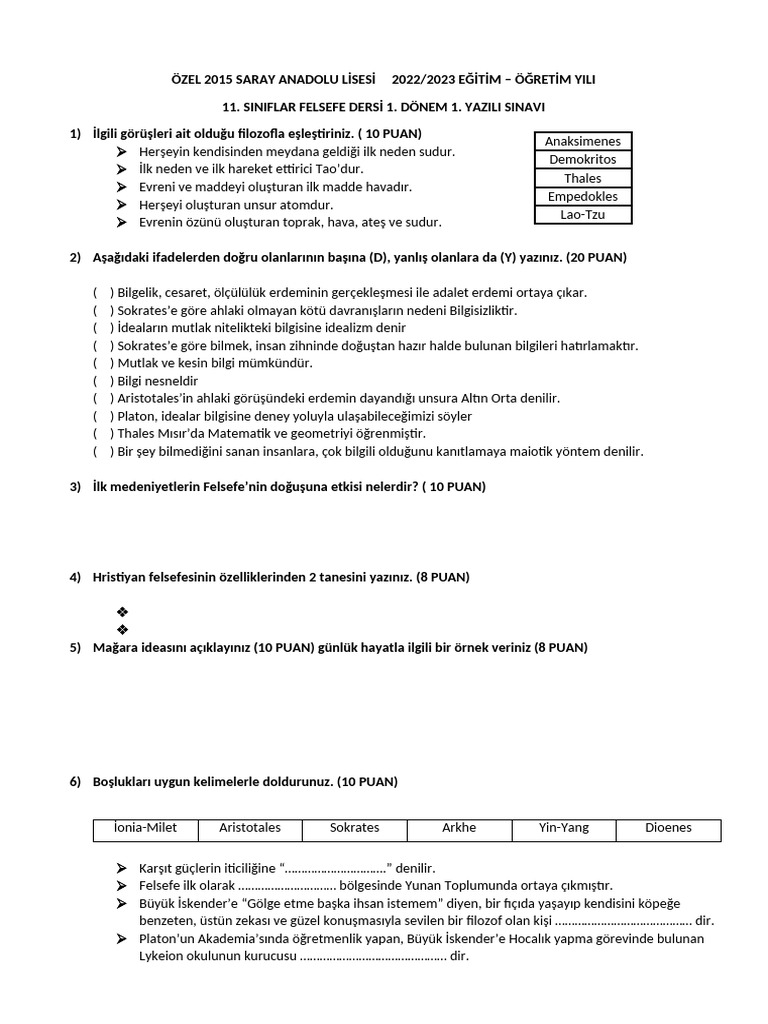2 - Ön 11. Sinif Felsefe 1. Dönem 1. Sinav | PDF