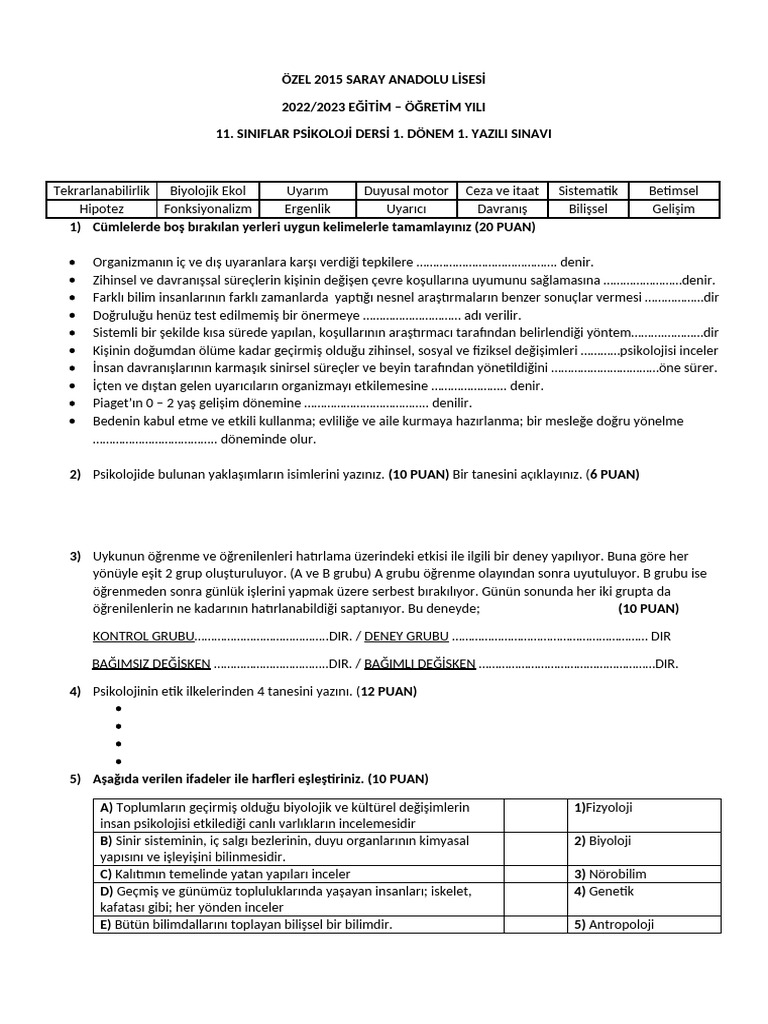 3 - Ön 11. Sinif Psi̇koloji̇ 1. Dönem 1. Sinav | PDF