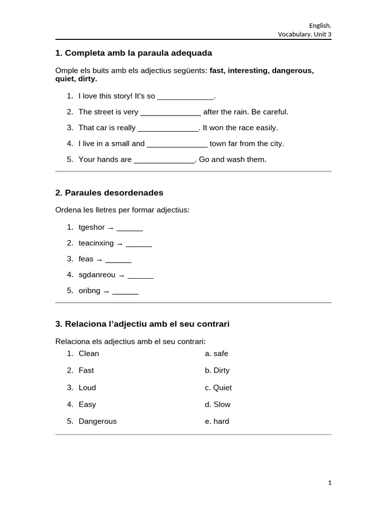 Exercicis Vocabulary - Unit 3 | PDF
