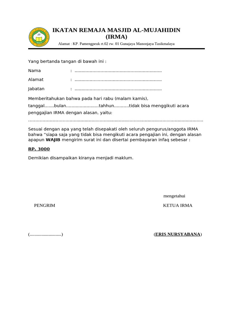 Surat Izin Absen Ngaji IRMA | PDF