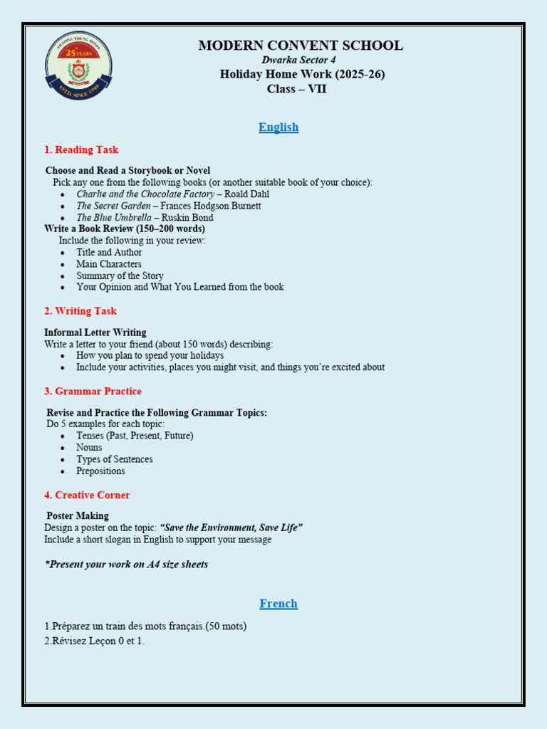 holiday homw work(2025-26)VII | PDF | Multiplication | Books