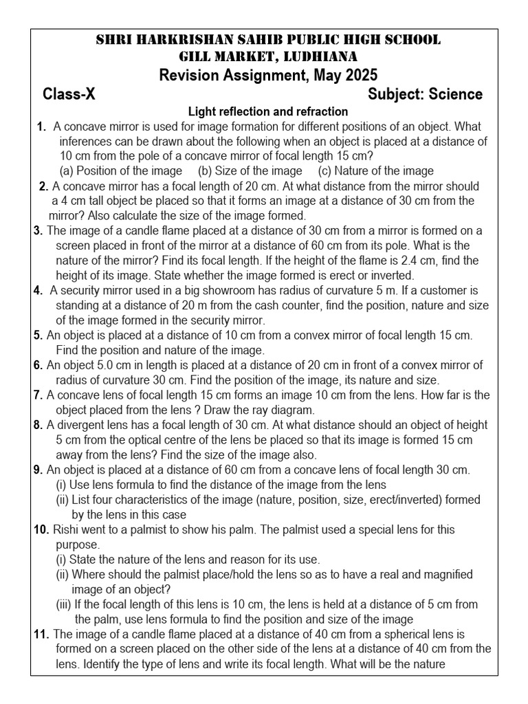 Light Class 10 Assignment May 2025 (1) ... | PDF | Electromagnetic ...