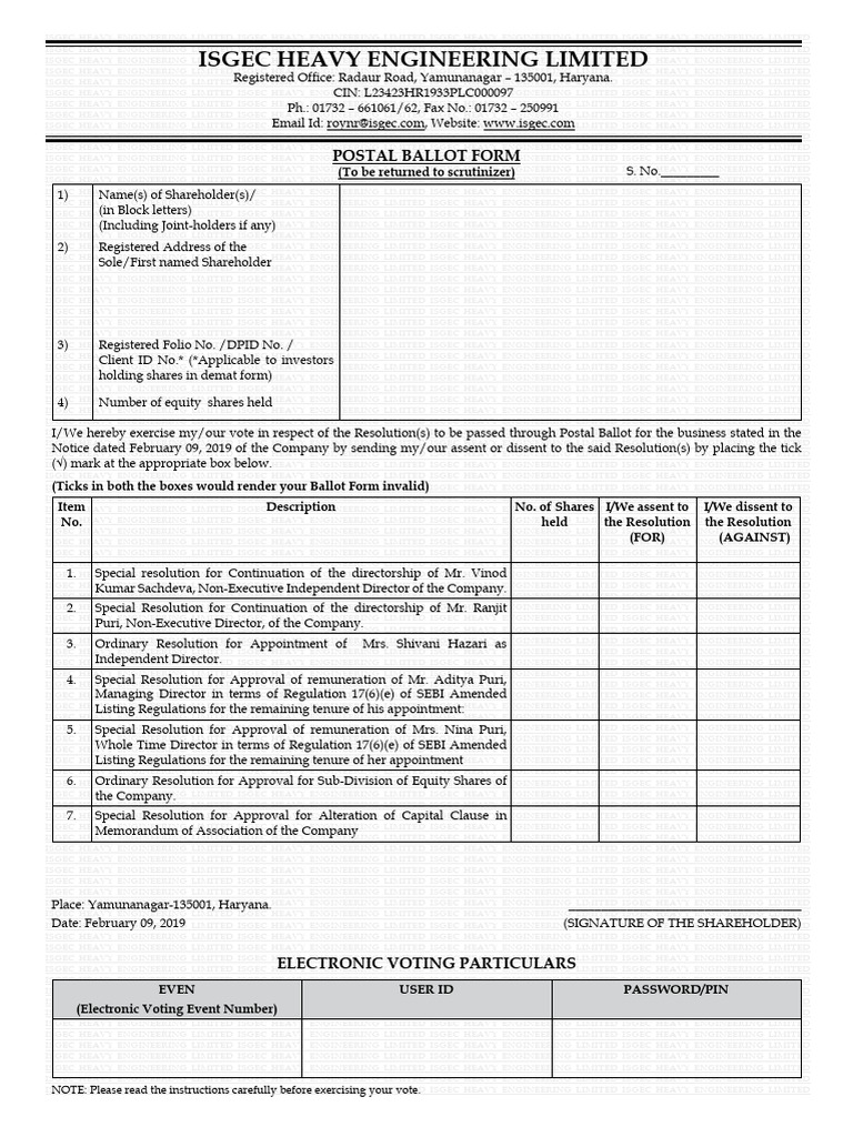 Isgec Heavy Engineering Limited Postal Ballot Form | PDF | Absentee ...