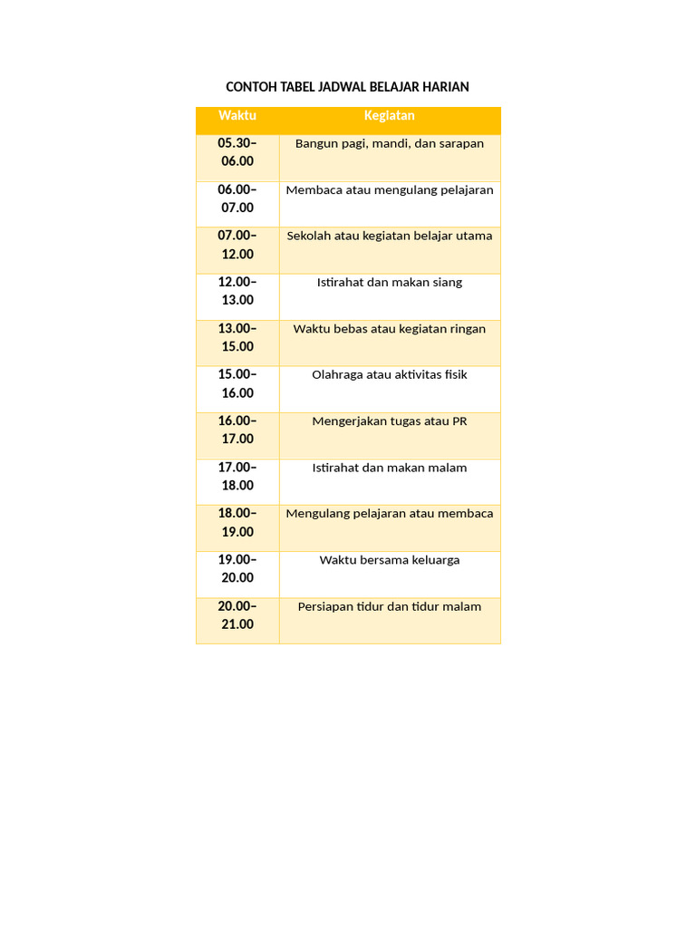 Contoh Tabel Jadwal Belajar Harian | PDF