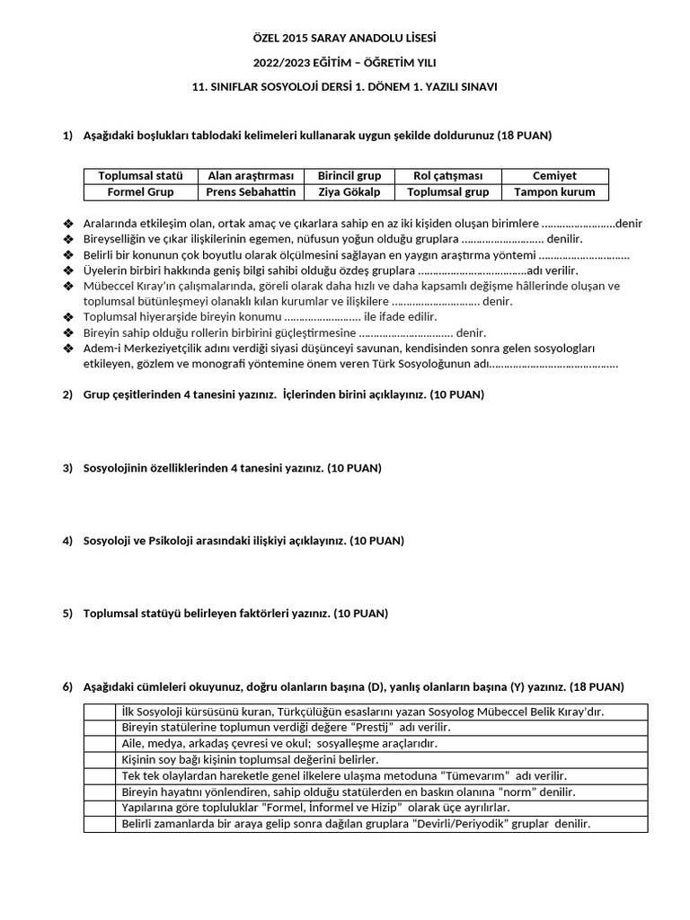 5 - Ön 11. Sinif Sosyoloji̇ 1. Dönem 1. Sinav | PDF