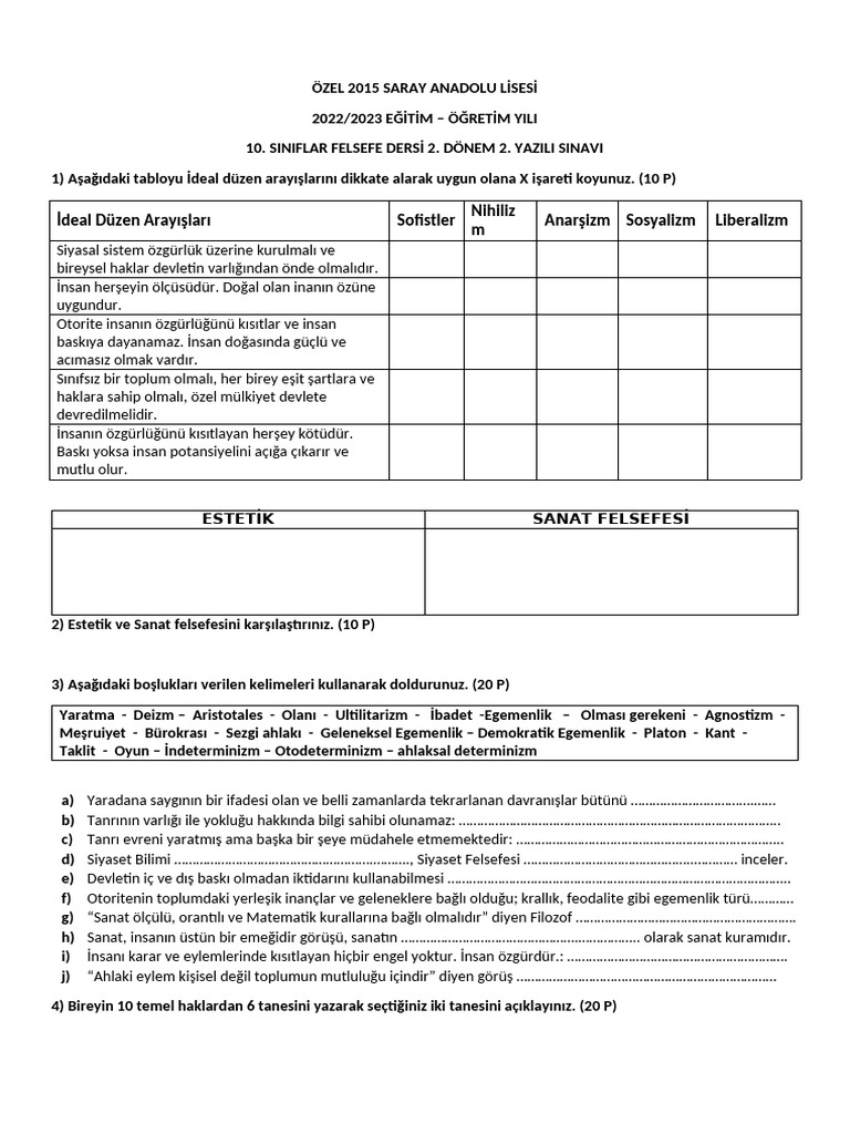 Sinif Felsefe 2. Dönem 2. Sinav | PDF