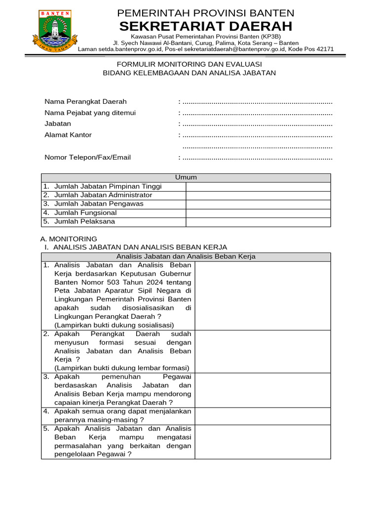 Formulir Monev Anjab Perangkat Daerah | PDF