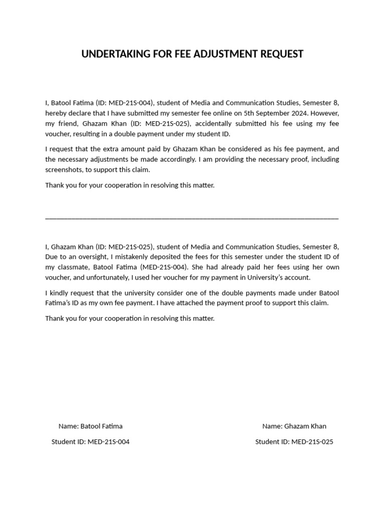 Undertaking For Fees Adjustment | PDF