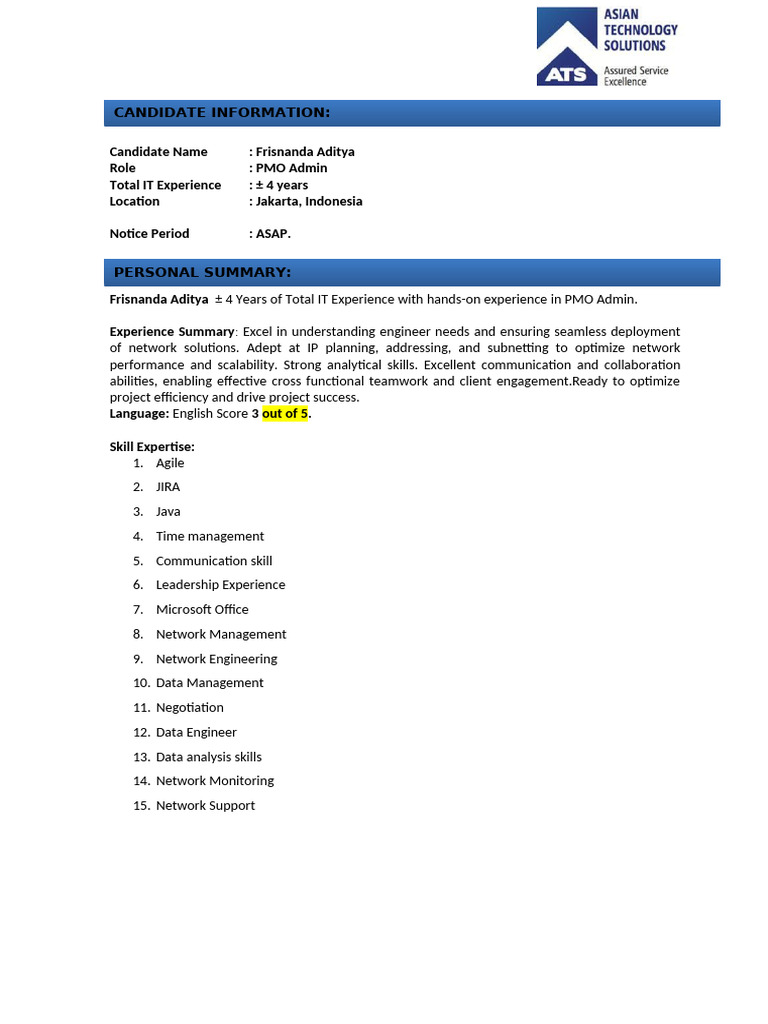 ATS - Frisnanda Aditya - PMO Admin | PDF | Computing