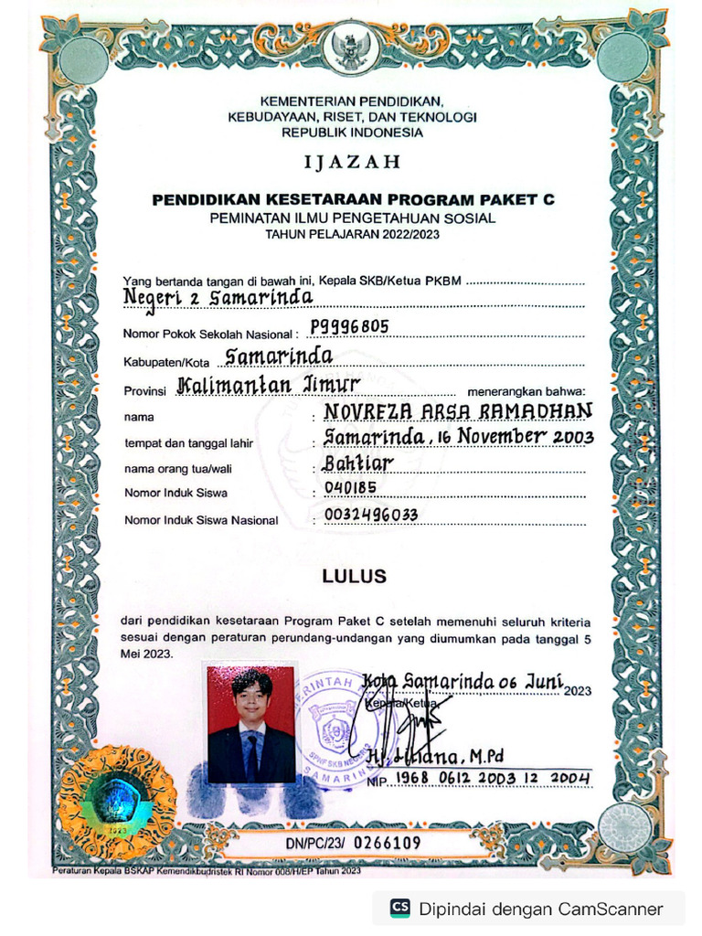 Ijazah Novreza Arsa Ramadhan | PDF