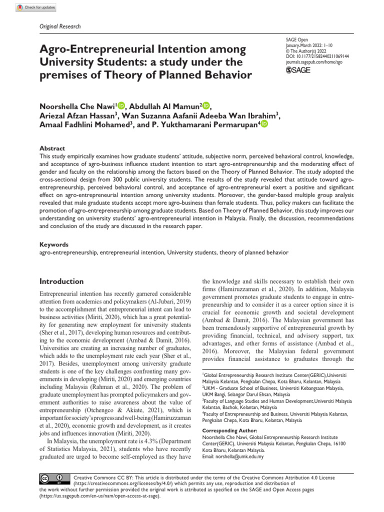 Che Nawi Et Al 2022 Agro Entrepreneurial Intention Among University Students A Study Under The ...