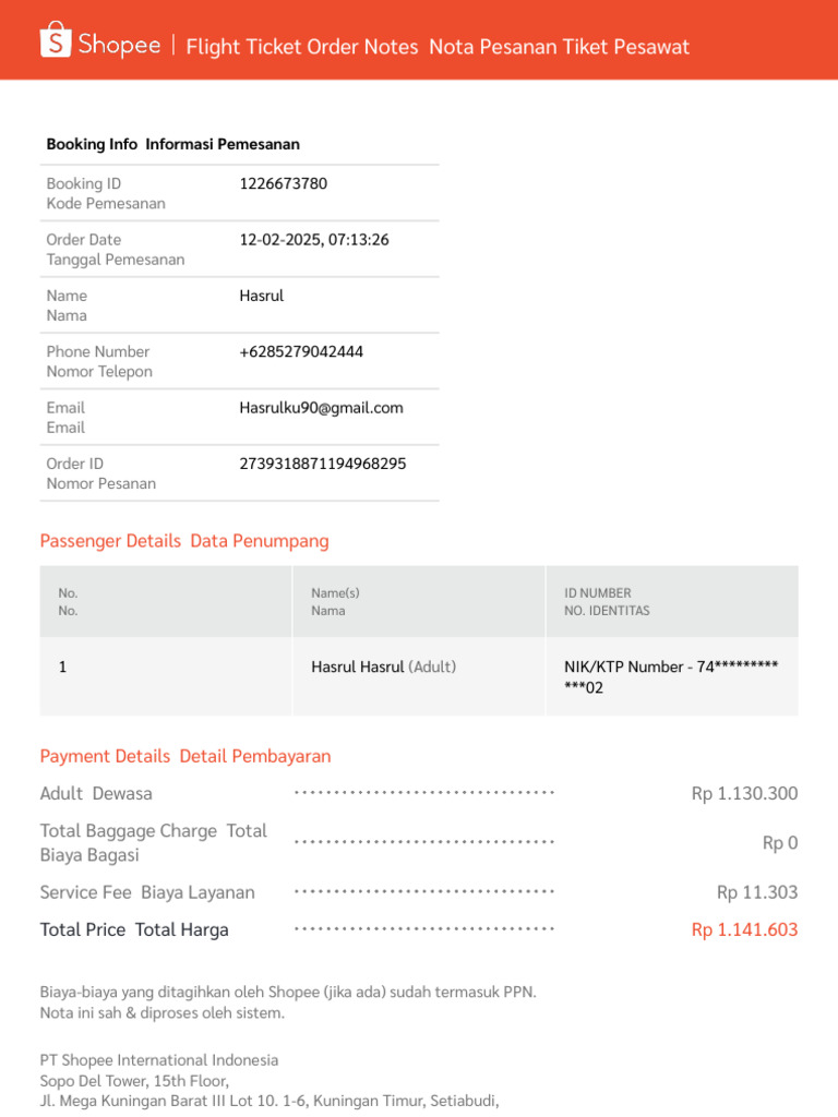 Nota Pemesanan Tiket Pesawat Hasrul | PDF