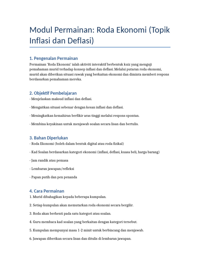 Modul Permainan Roda Ekonomi Inflasi Deflasi | PDF