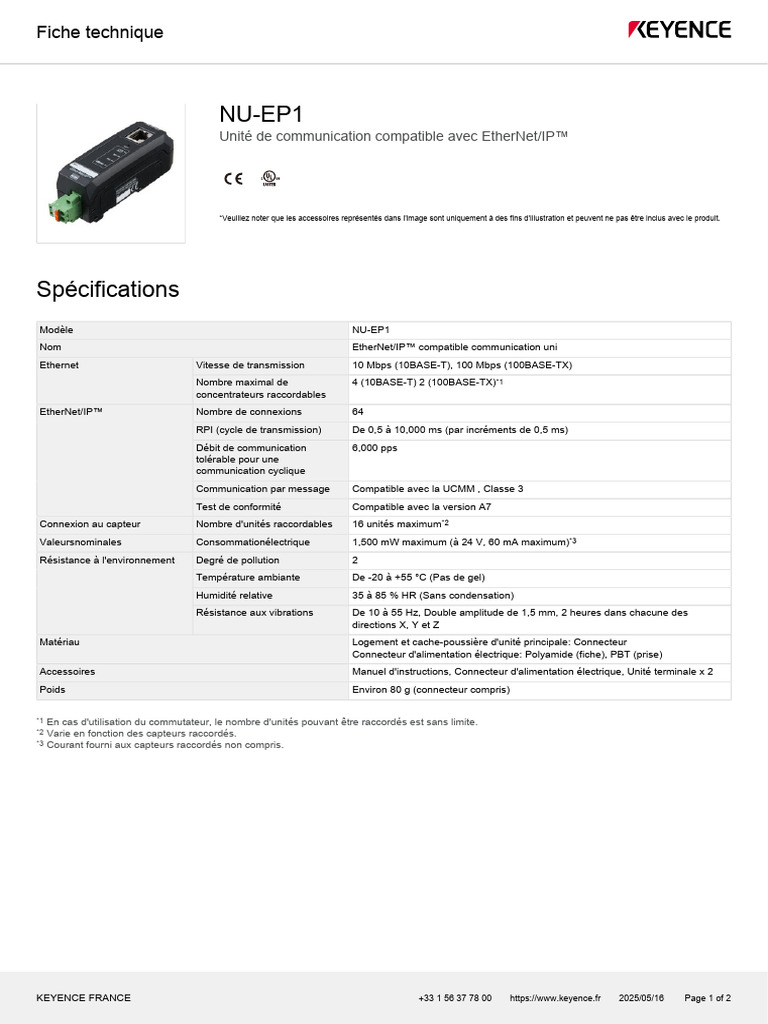 Fiche technique NU-EP1 EtherNet/IP™ | PDF | Ethernet | Connectique