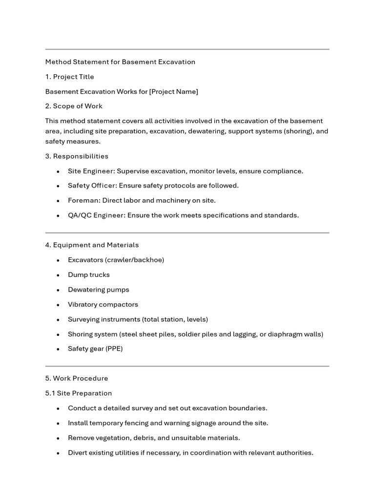 Basement Excavation Method Statement | PDF | Deep Foundation