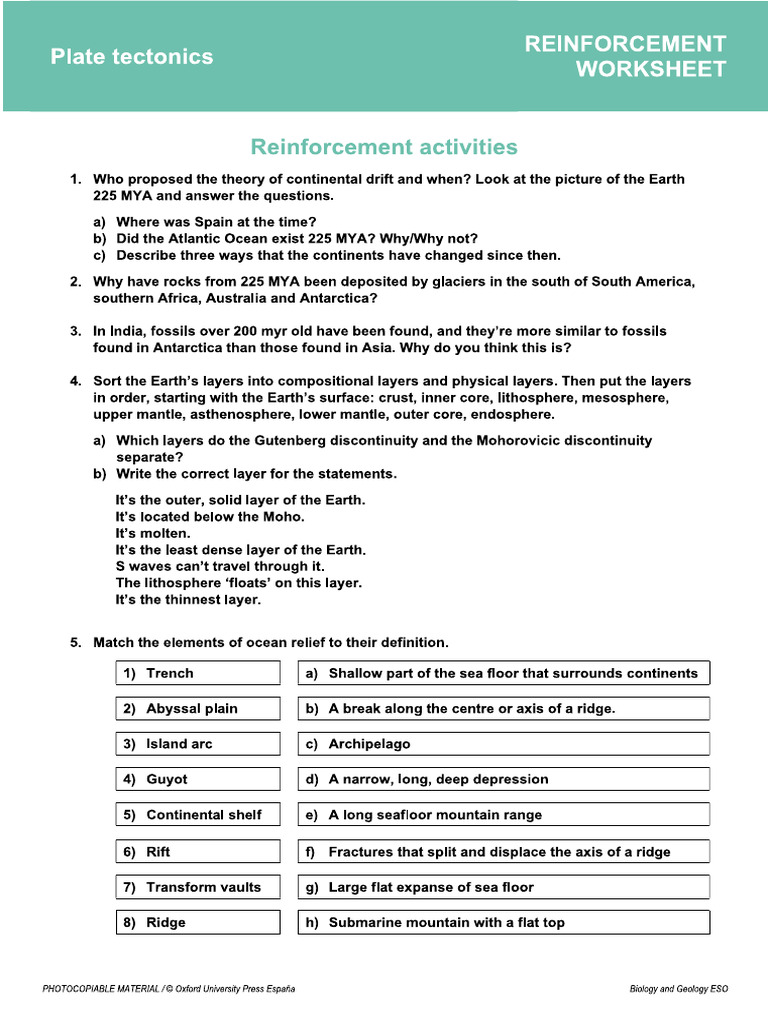 Tectonic Plates - Reinforcement Worksheet | PDF