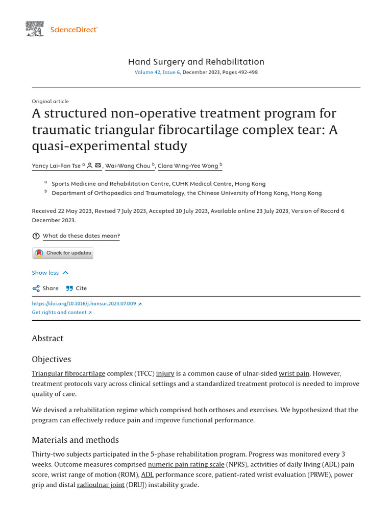 A Structured Non-Operative Treatment Program For Traumatic Triangular Fibrocartilage Complex ...