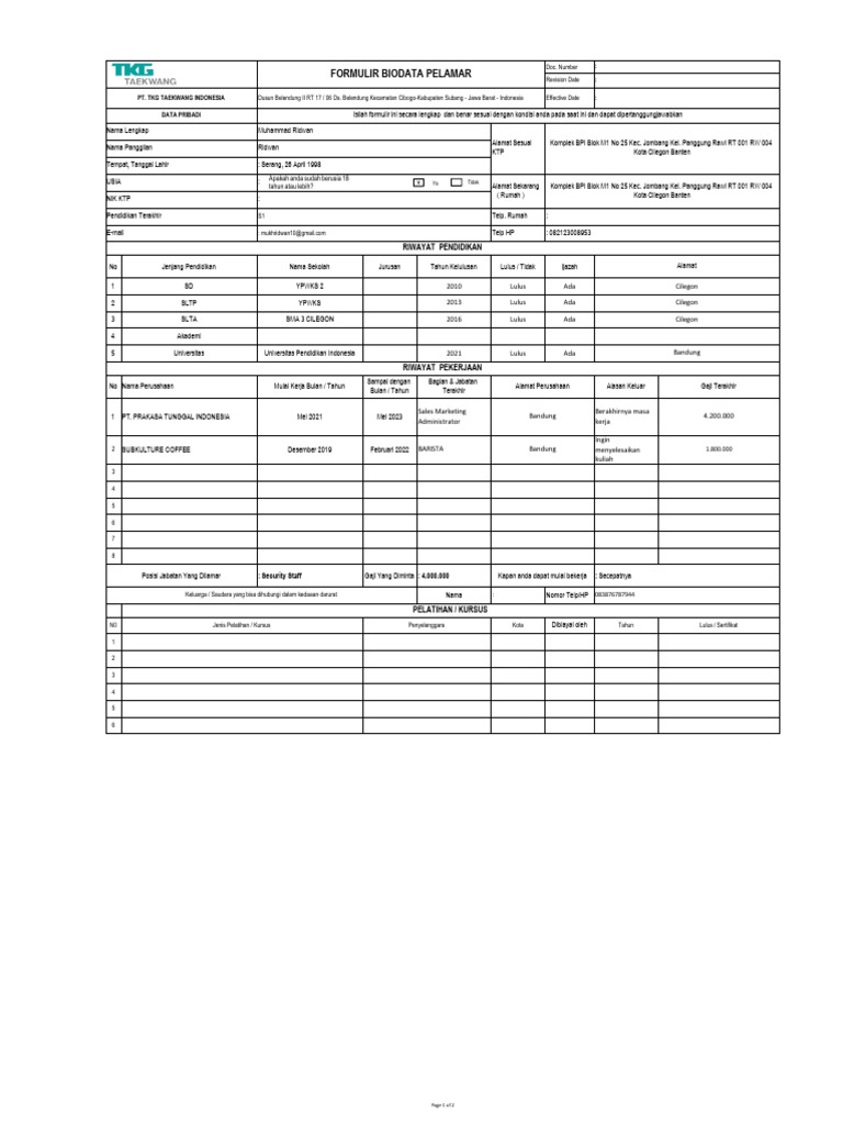 Form Biodata Pelamar PT TKG Taekwang Indonesia | PDF